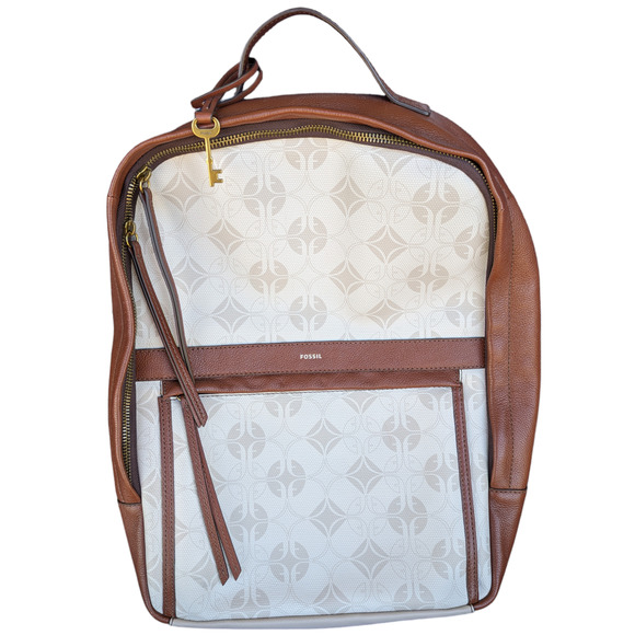 Fossil | Bags | Rare Nwot Fossil Sample Leather Cream And Brown Sherri Logo Backpack | Poshmark